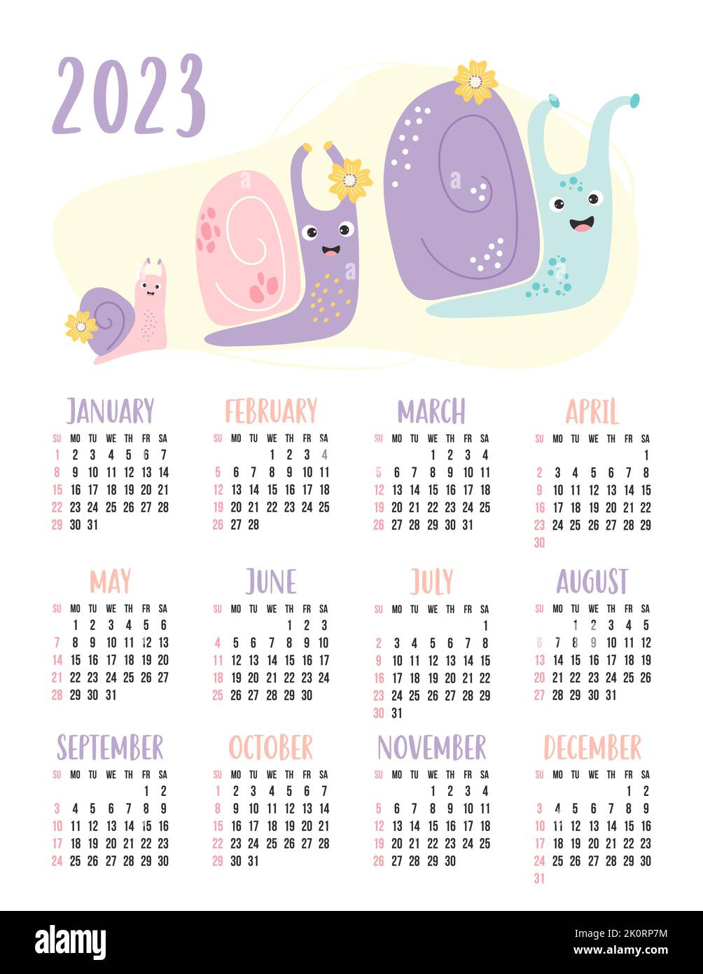 Calendar for 2023 with happy family of cute snails. Vector illustration ...