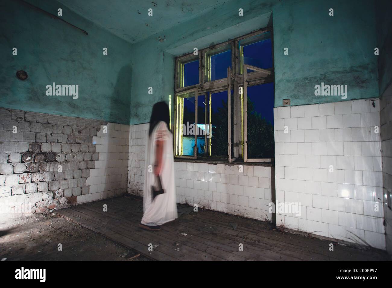 Ghost in abandoned, haunted house. Horror scene of spooky silhouette ...