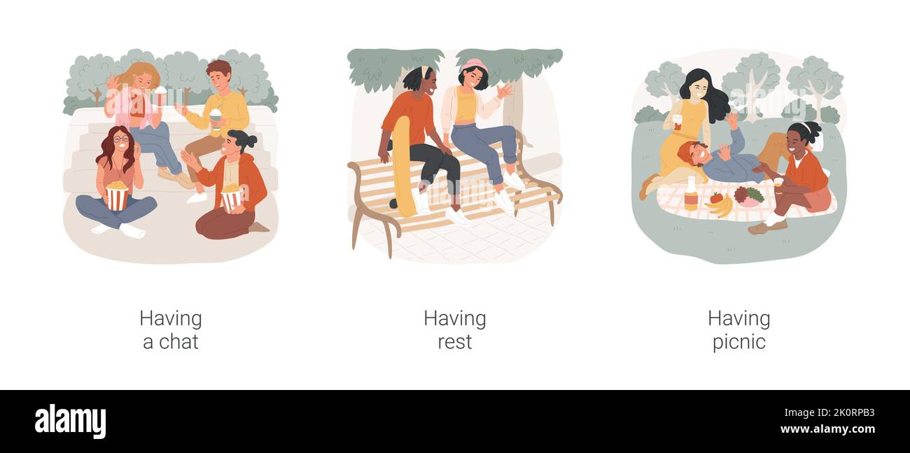 Hanging out in the park isolated cartoon vector illustration set. Teens ...