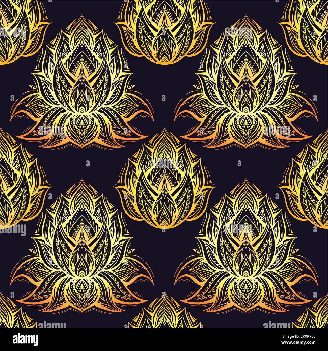 Vector luxurious seamless pattern with golden contour tribal lotuses on ...