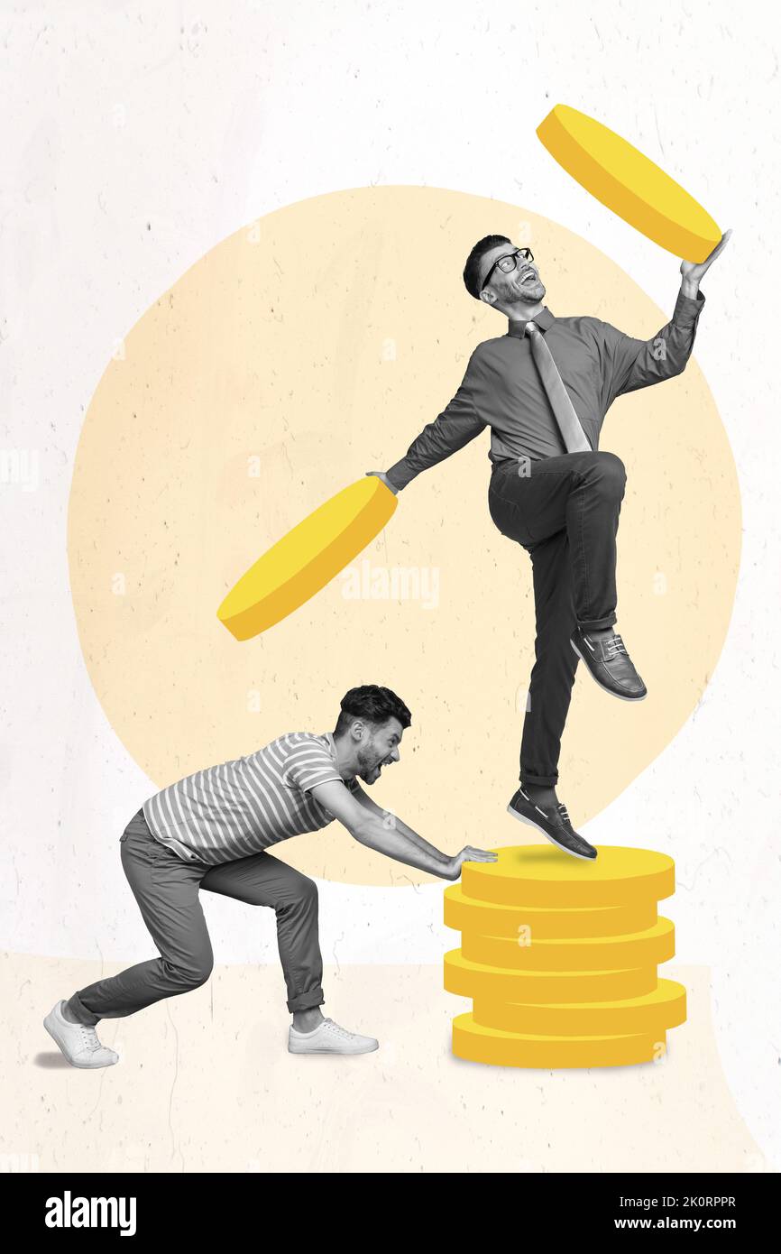 Poster template collage of two bankers investing golden coins save ...