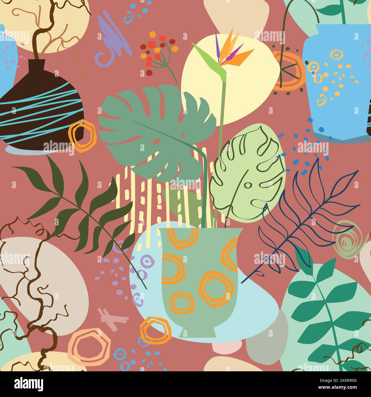 Seamless abstract with vases. Trendy still life collage with pot, plant ...