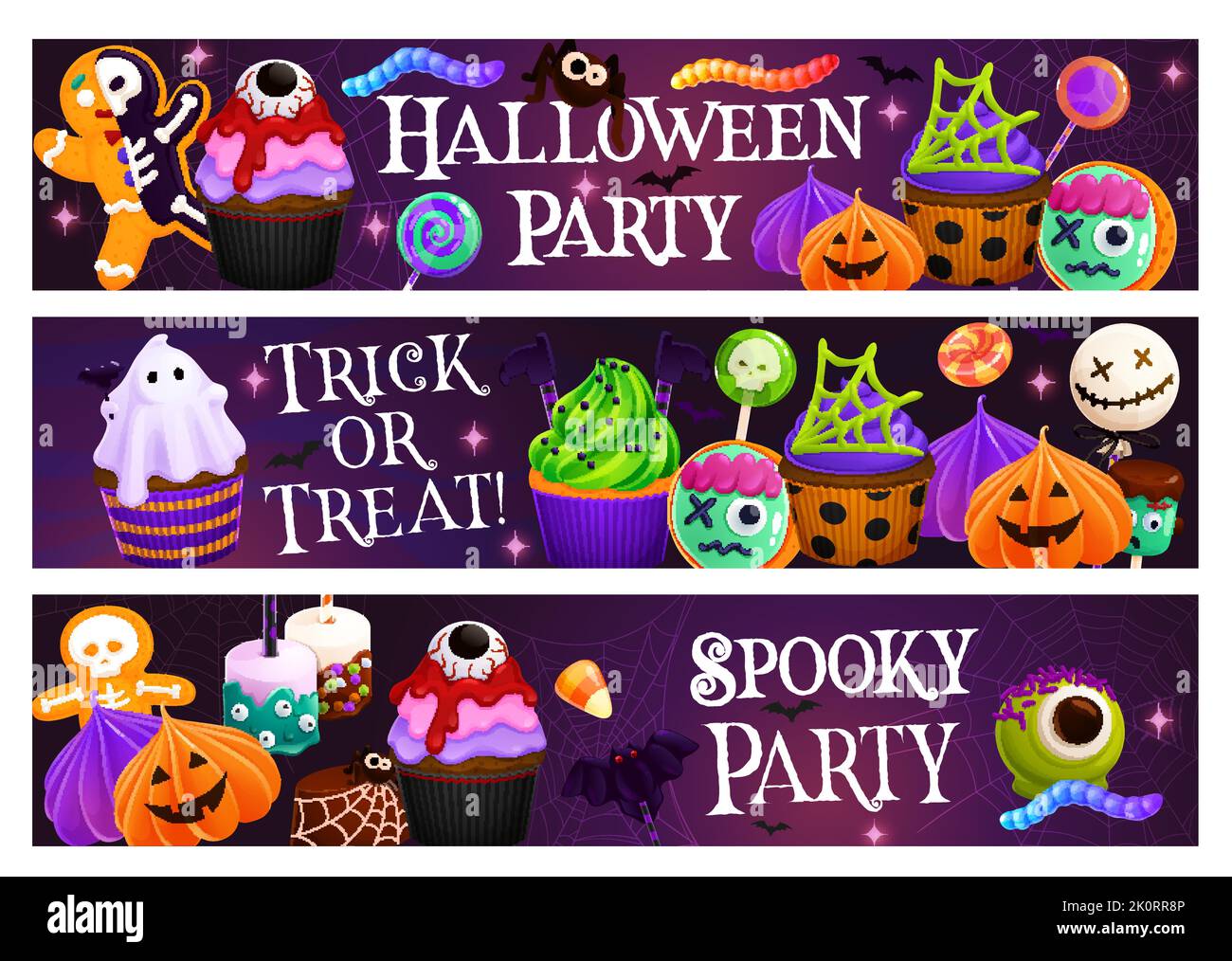 Cartoon Halloween sweets, dessert and cookies. Horizontal banner or ...