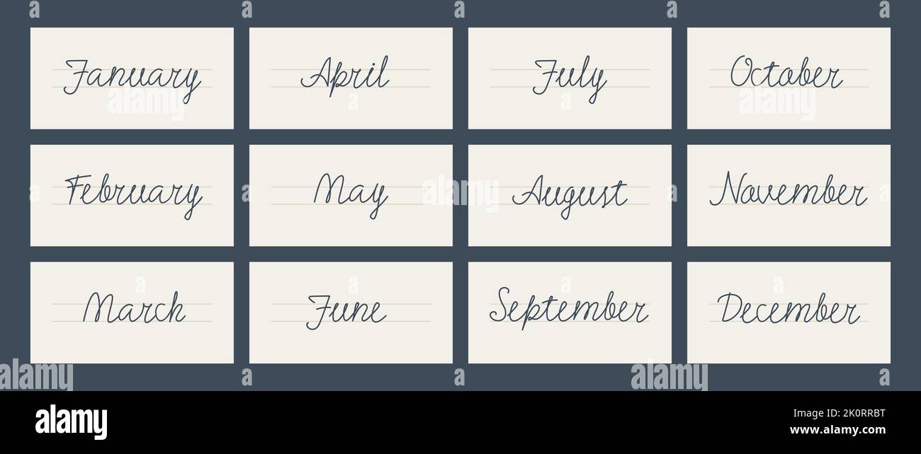 Set of cards with handwritten text of the month of the year. January to ...