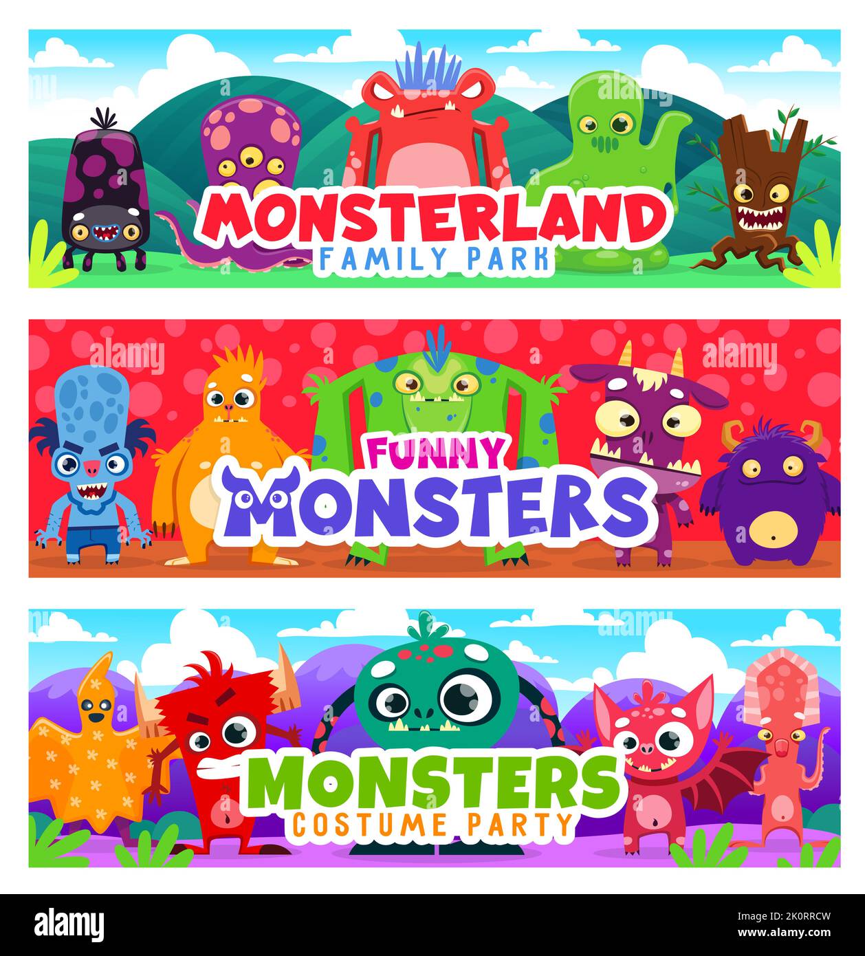 Cartoon monster characters. Horizontal vector background or banner with ...