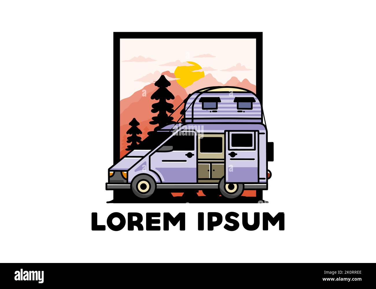 Big van camper with roof box tent illustration badge design Stock ...