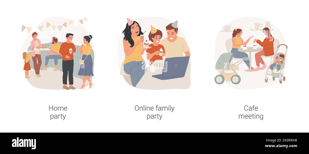 Friends gathering isolated cartoon vector illustration set. Home party ...