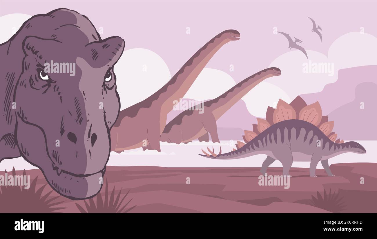 Predator tyrannosaurus, big sauropods and stegosaurus. Herbivorous ...