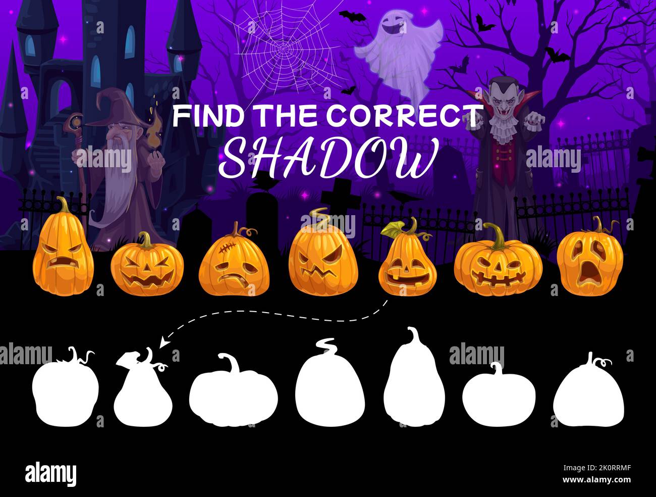 Find the correct shadow of cartoon Halloween pumpkins. Silhouette find ...