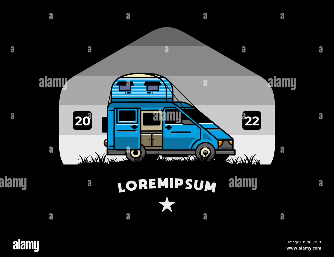 Big van camper with roof box tent illustration badge design Stock ...