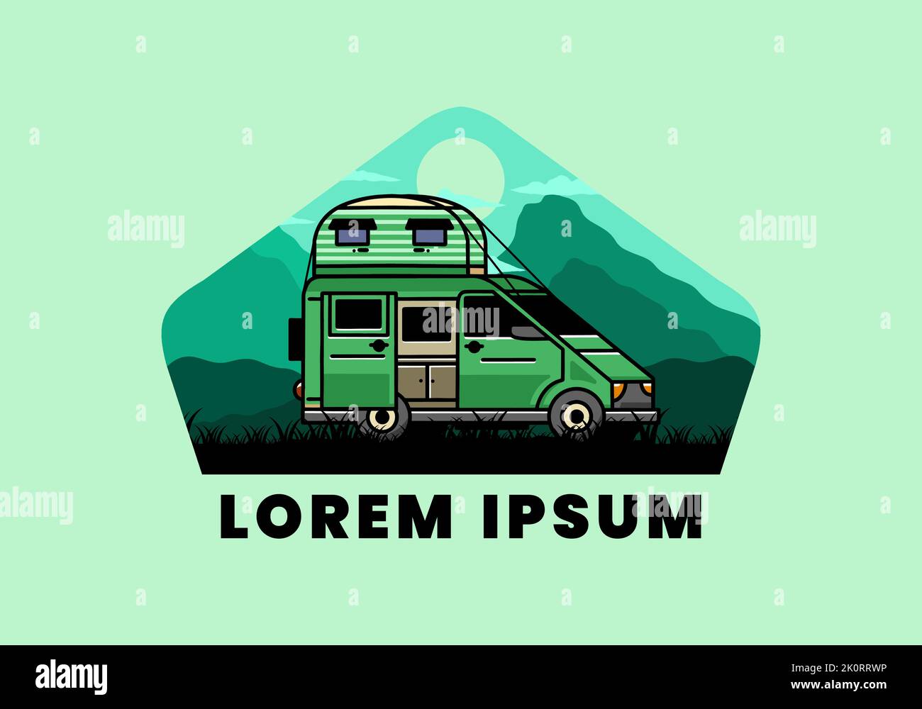 Big van camper with roof box tent illustration badge design Stock ...