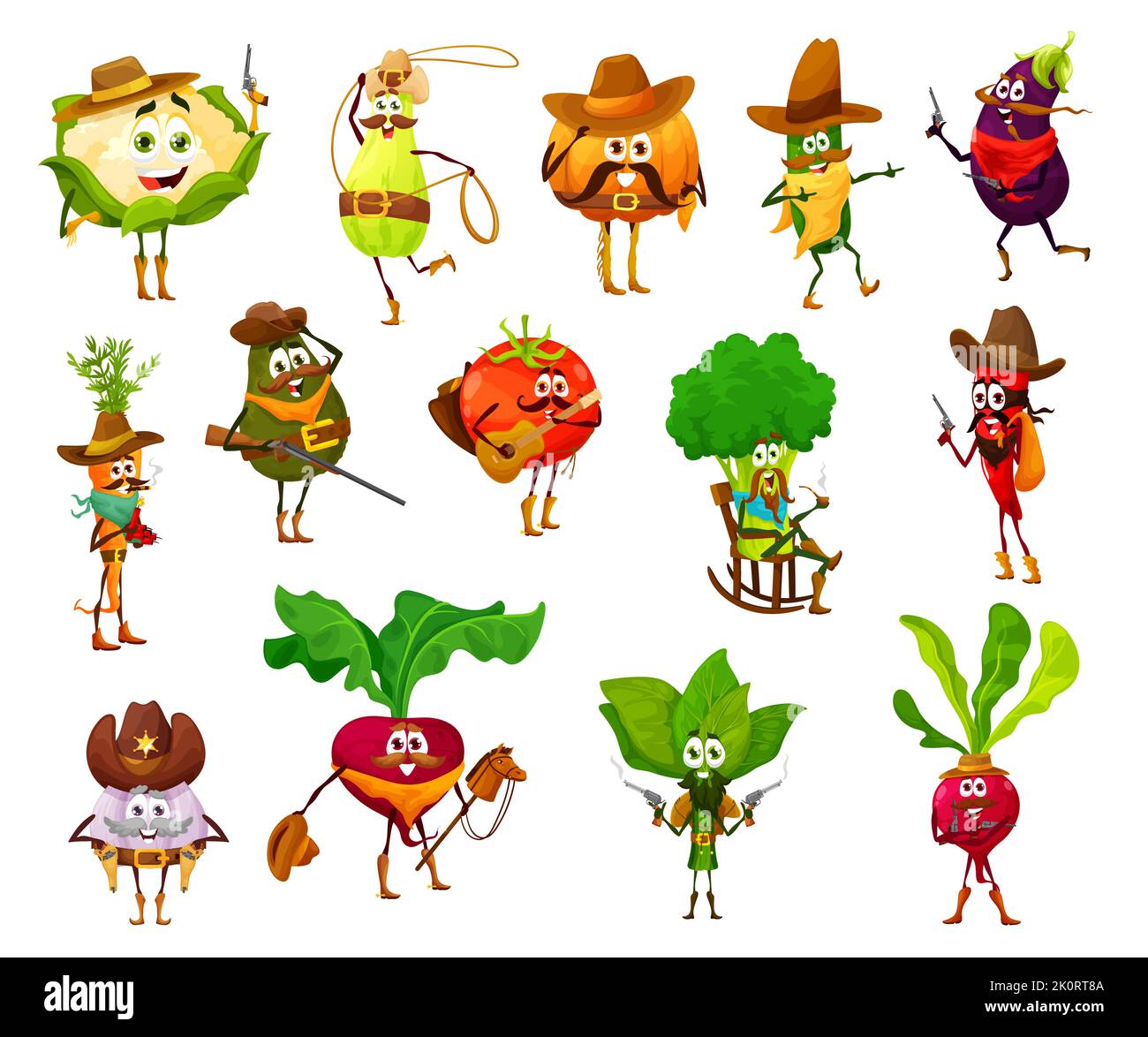 Cartoon funny cowboy, sheriff, robber bandit and ranger vegetables ...