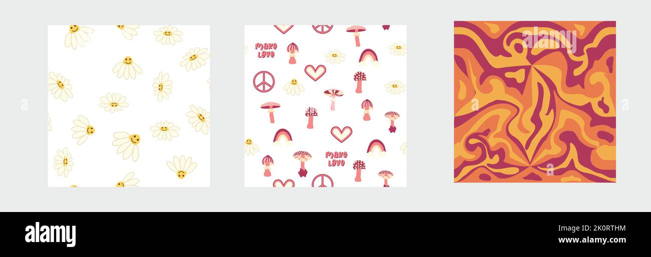 1970s Set of retro seamless pattern. Floral, swirl, mushrooms, peace ...