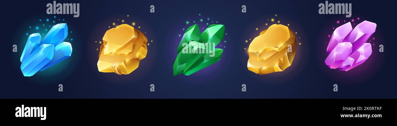 Magic crystals, precious gemstones with glow and sparkles. Game icons ...