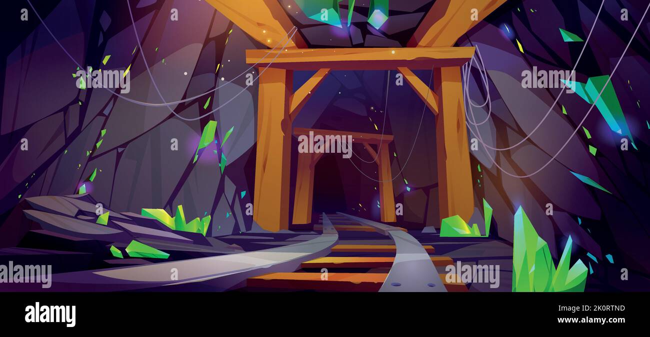 Emerald mine tunnel inside view, cave with railway, green shiny ...