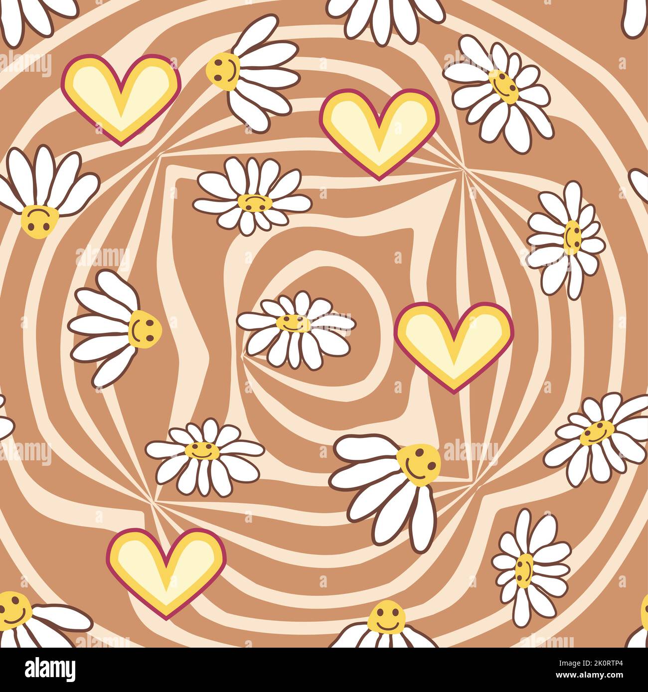 Retro Smile Chamomile Seamless Pattern on 1970 Wavy Swirl Pattern ...