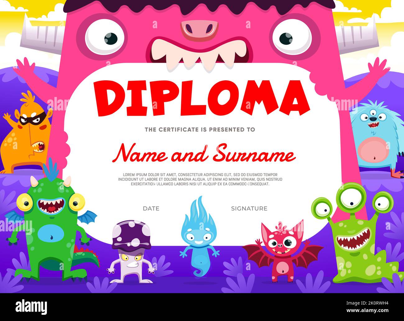 Kids diploma. Cartoon monster characters. Kindergarten child ...