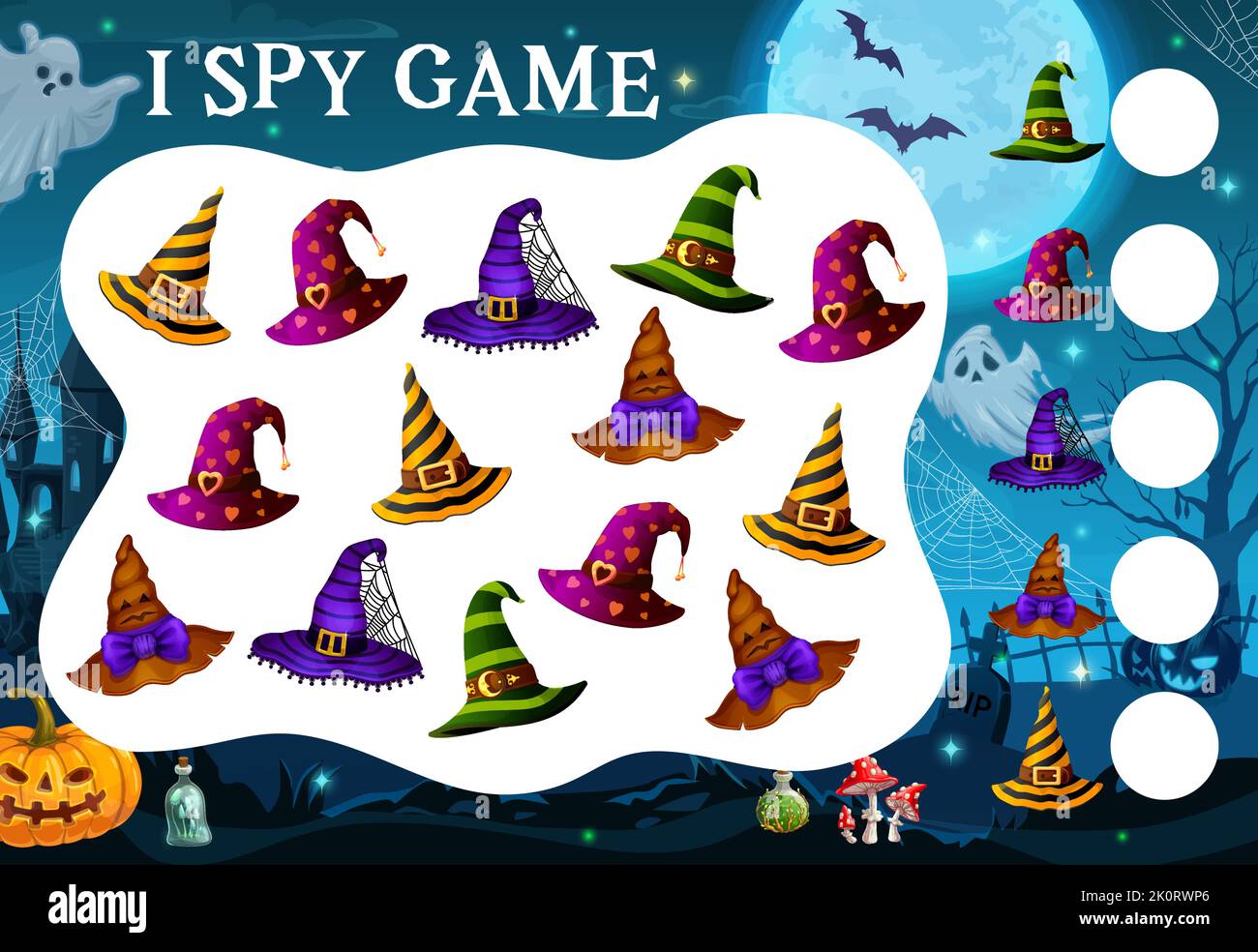 I spy game. Halloween witch hats. Kids calculation game, quiz or riddle ...