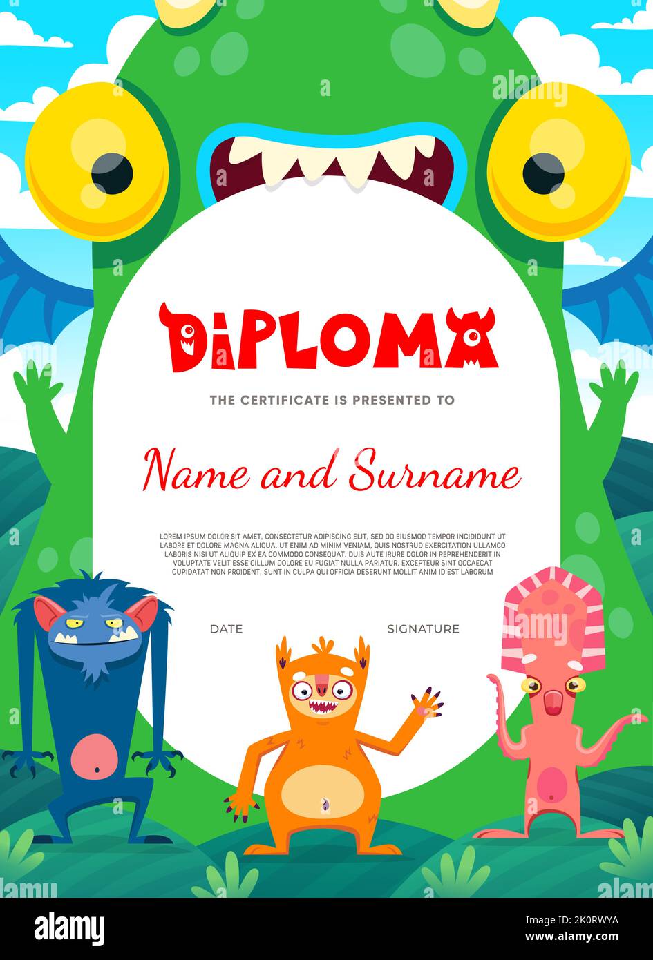 Kids diploma. Cartoon monster characters. Child graduation award ...