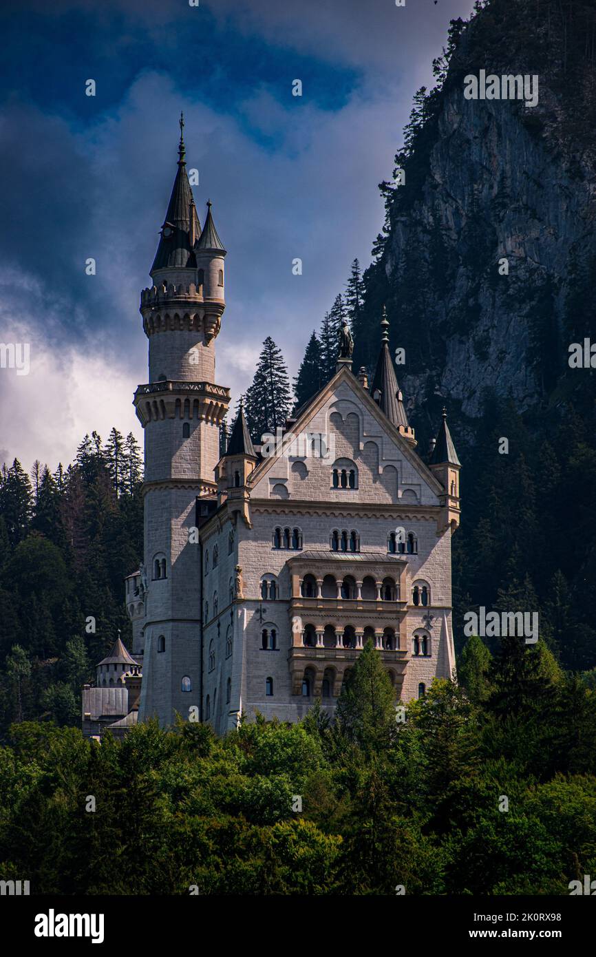 A breathtaking view of the world-famous Neuschwanstein Castle on a hill ...
