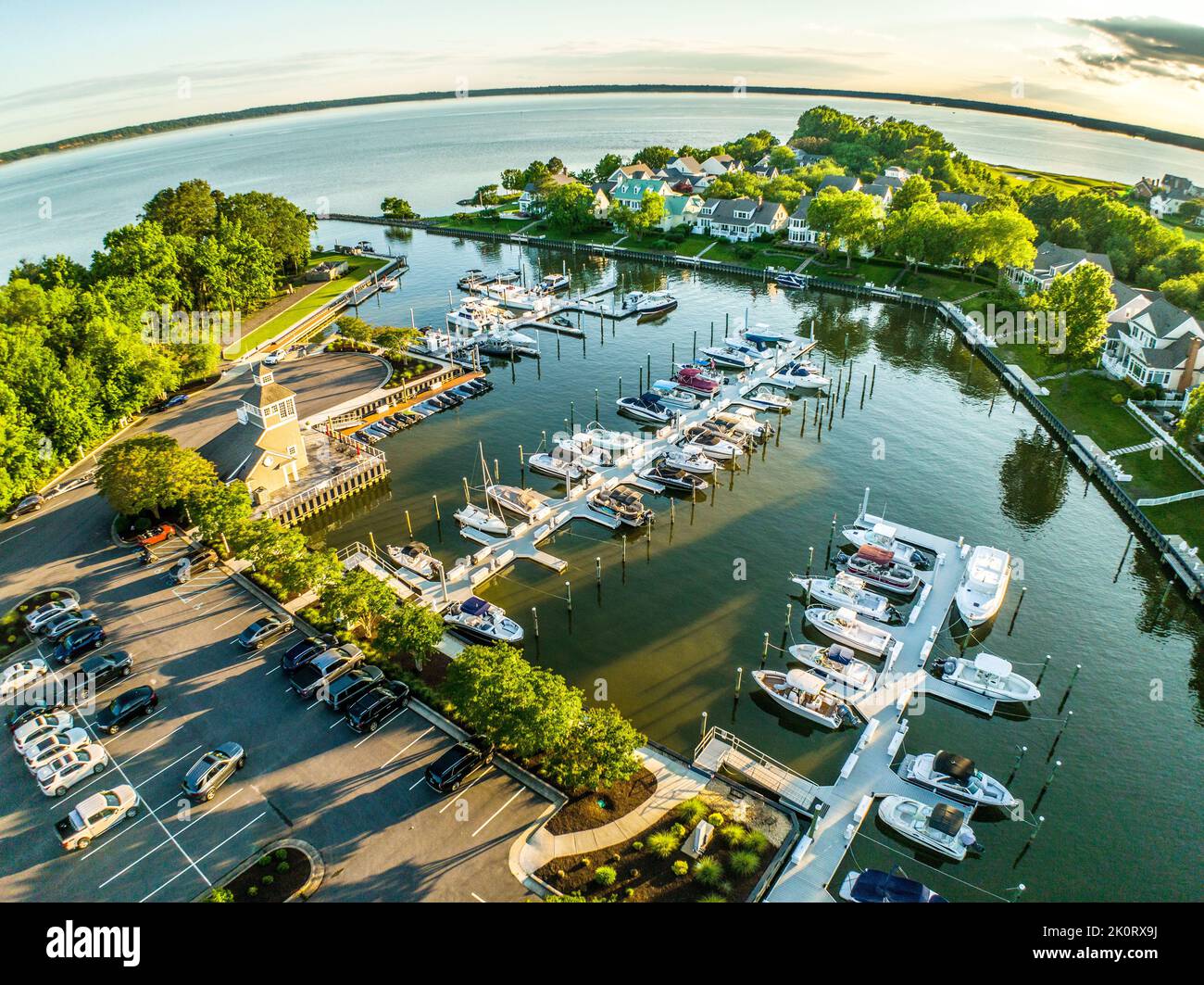 A bird's eye view of a small marina and a car park Stock Photo - Alamy
