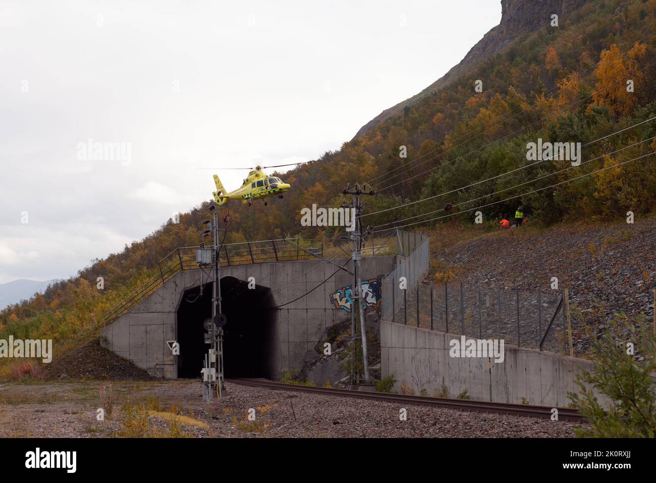 IRON ORE LINE, SWEDEN ON SEPTEMBER 11, 2014. An ambulance helicopter ...