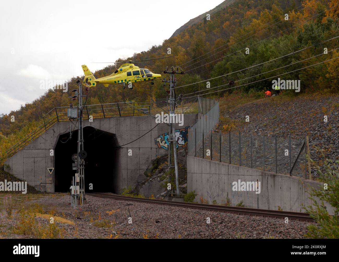 IRON ORE LINE, SWEDEN ON SEPTEMBER 11, 2014. An ambulance helicopter ...