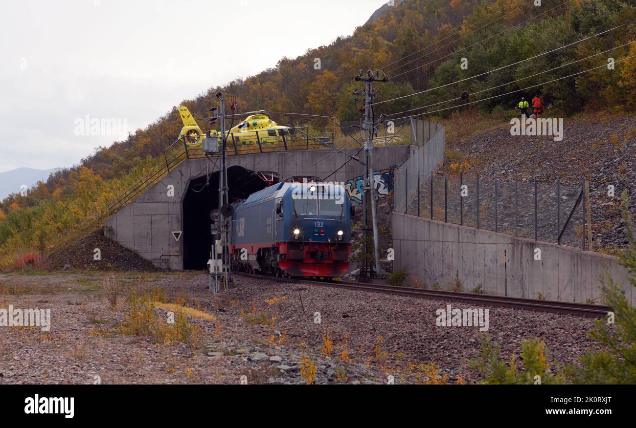 IRON ORE LINE, SWEDEN ON SEPTEMBER 11, 2014. An ambulance helicopter ...