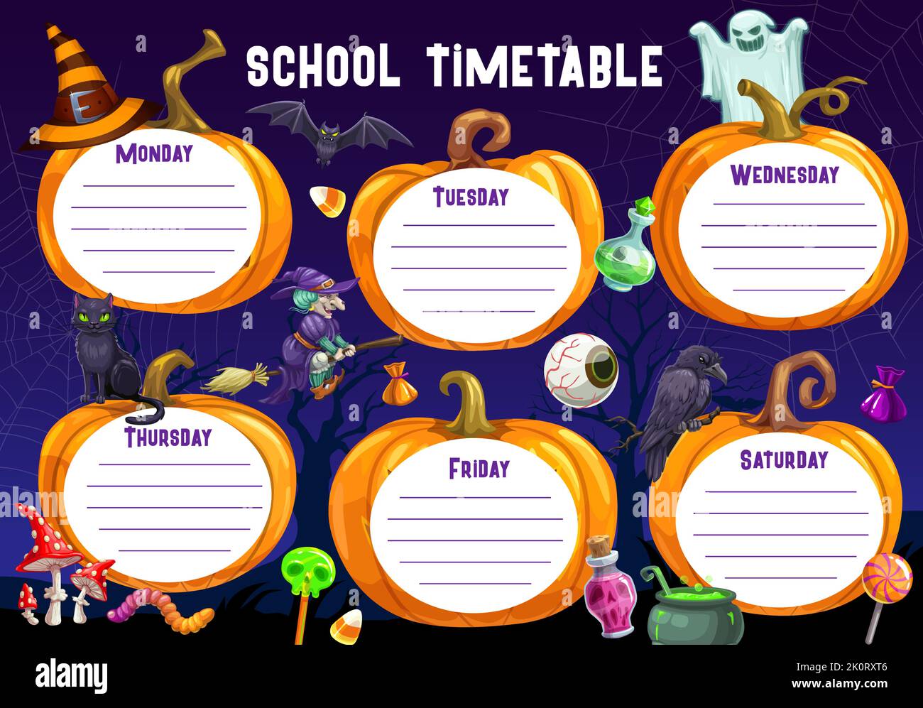 Halloween timetable schedule. Cartoon pumpkin lanterns in cobweb and ...