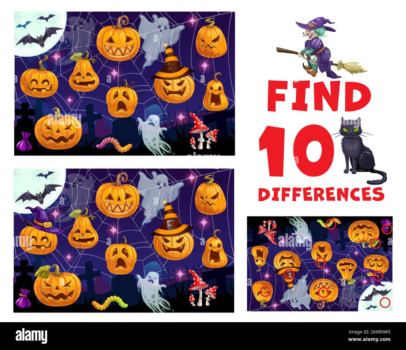 Find ten differences. Halloween pumpkins. Difference search quiz or ...