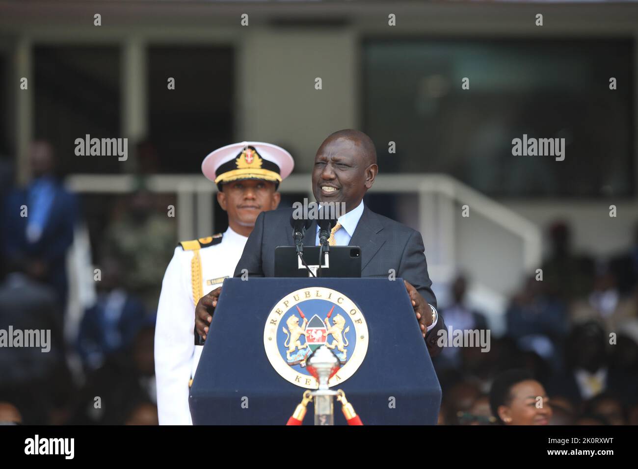 President William Ruto speaks during his swearing in ceremony at Kasarani Stadium. William Ruto ...