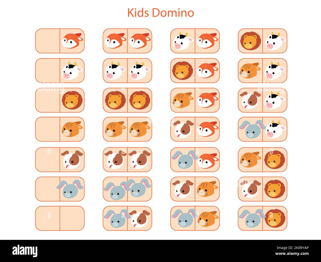 Kids Domino Game. Set of domino bones for Children. Cute animals on ...