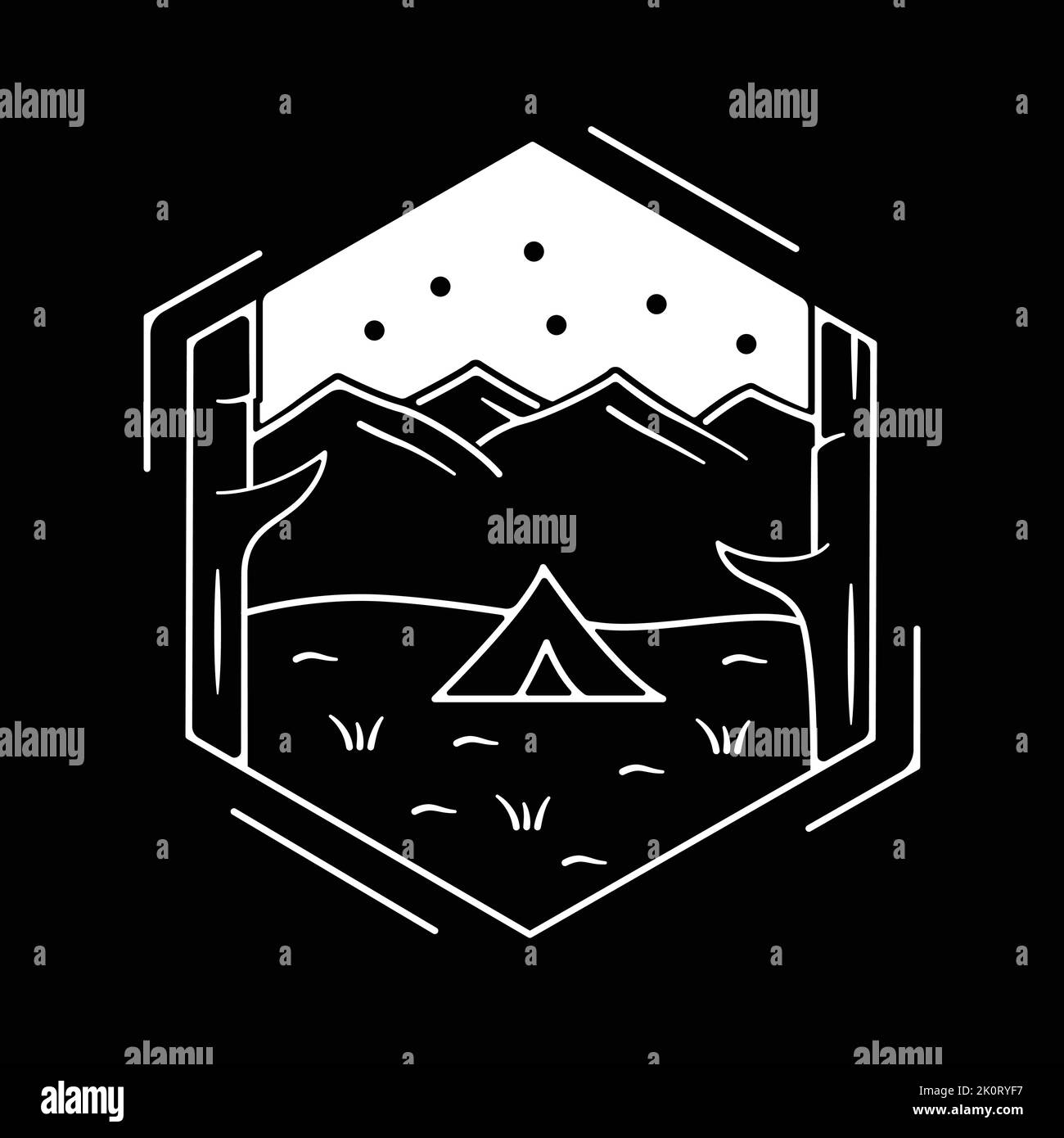 An illustration of a camping or hiking icon concept in a hexagon shape ...