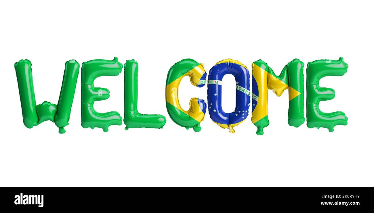 3d illustration of welcome-letter balloons in Brazil flag isolated on ...