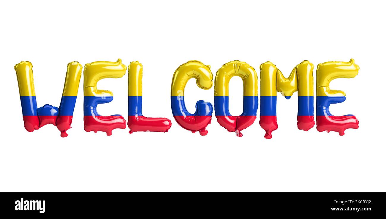 3d illustration of welcome-letter balloons in Colombia flag isolated on ...