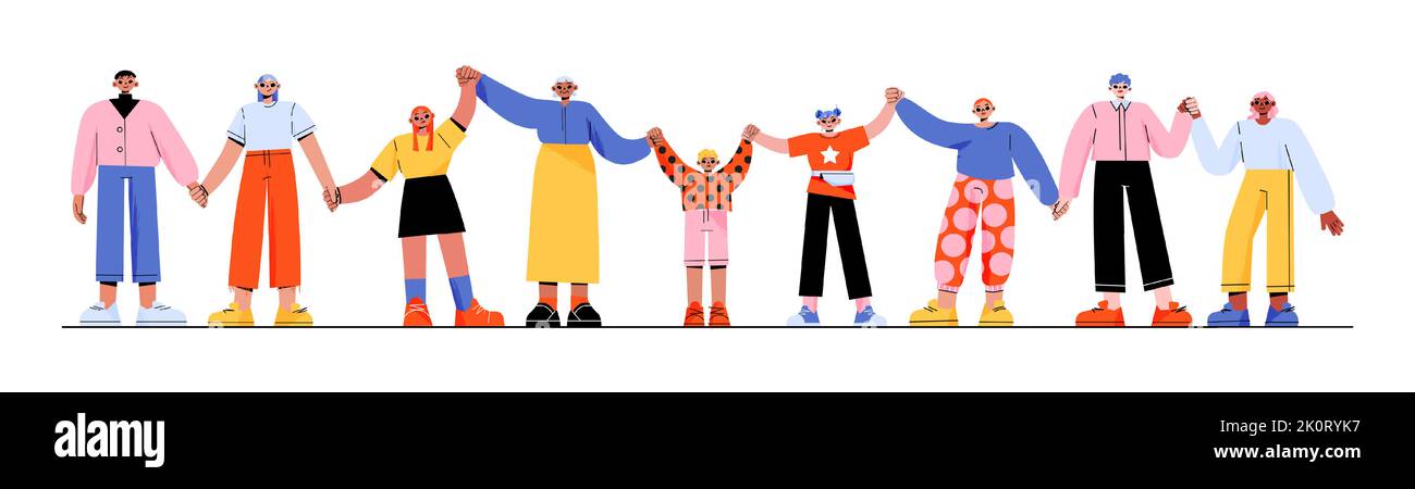 Happy people holding hands isolated on white background. Flat male ...