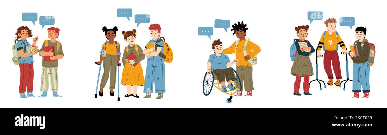 Children with disability among school friends. Flat vector illustration ...