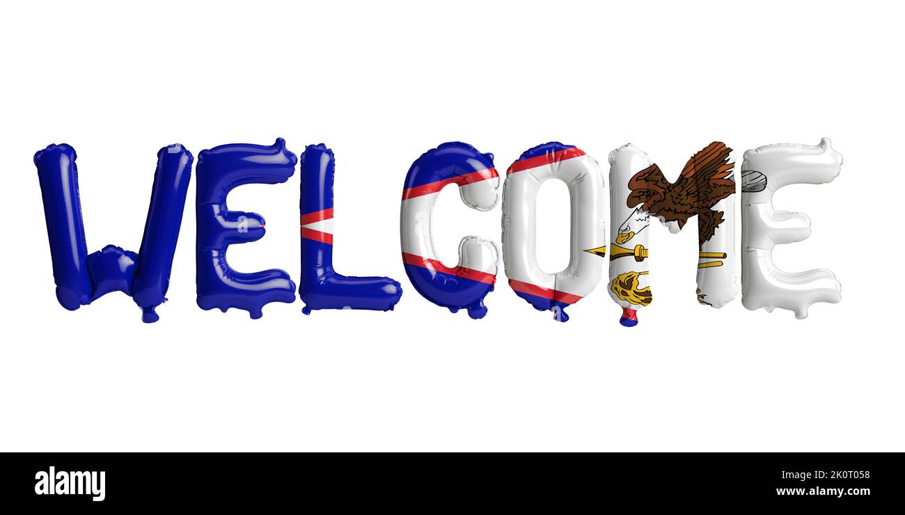 3d illustration of welcome-letter balloons in American Samoa flag ...