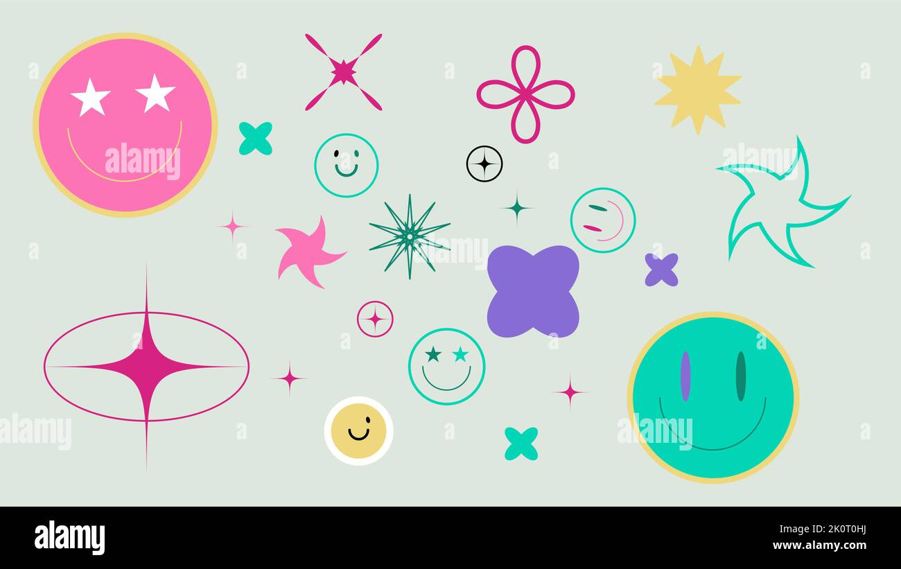 Cool trendy retro stickers with smile faces, cartoon comic label ...