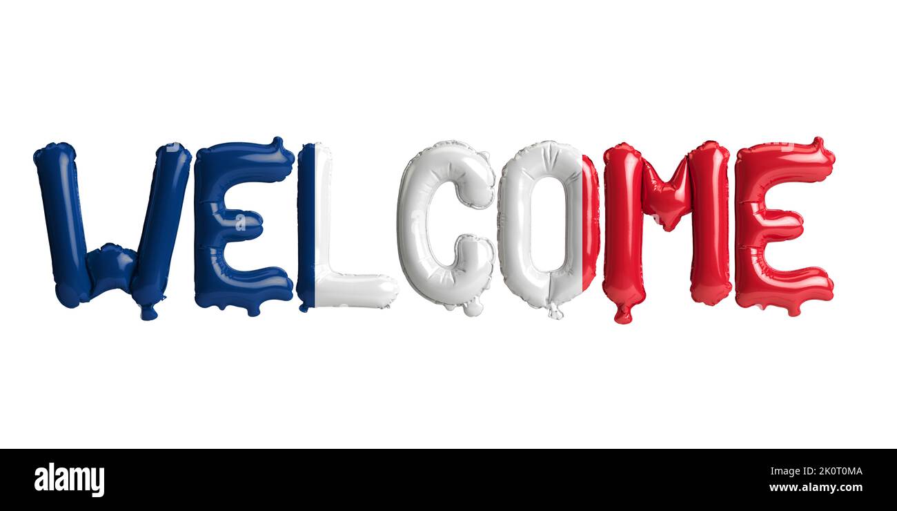 3d illustration of welcome-letter balloons in France flag isolated on ...