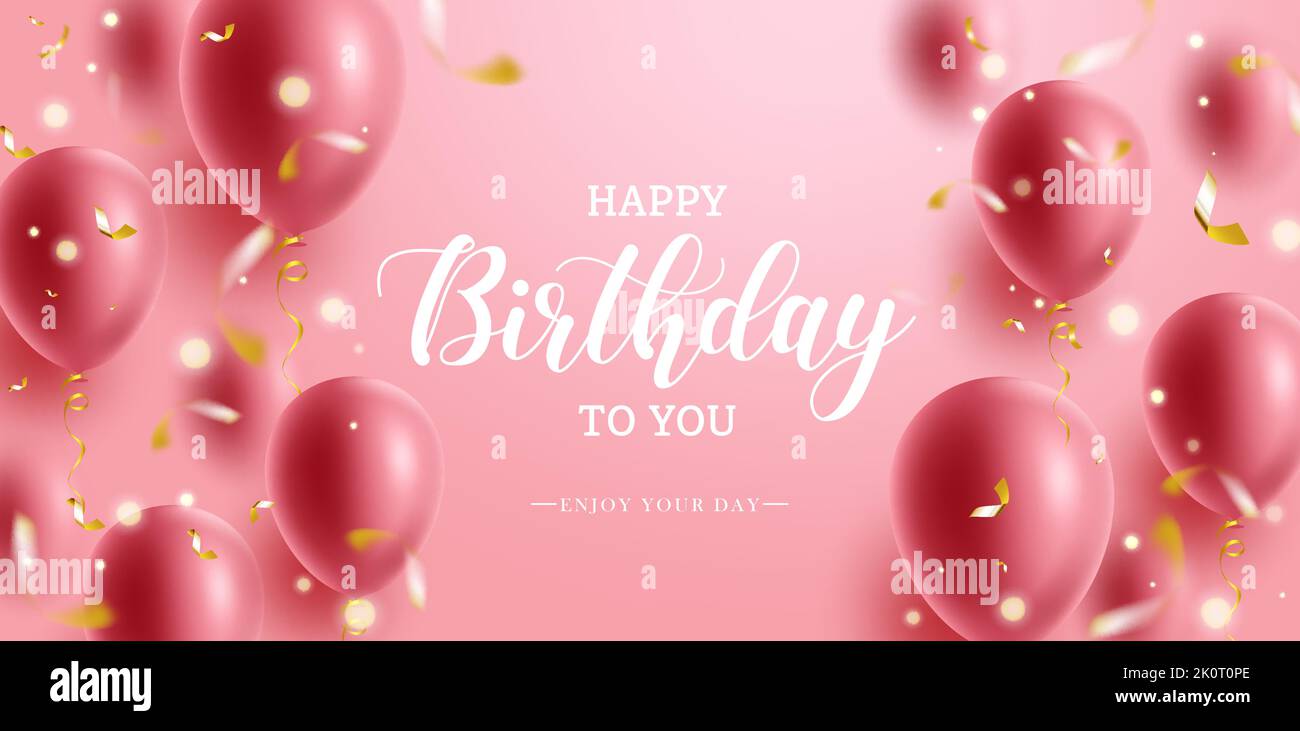 Birthday greeting vector background design. Happy birthday text in pink space with rose gold ...
