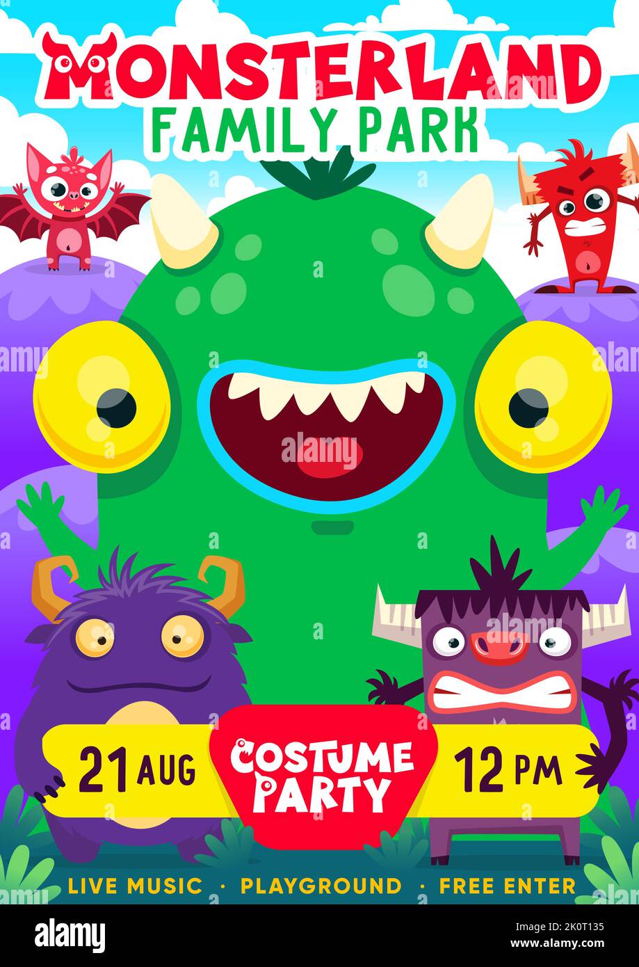 Cartoon monster party flyer. Event or holiday promo vector placard or ...
