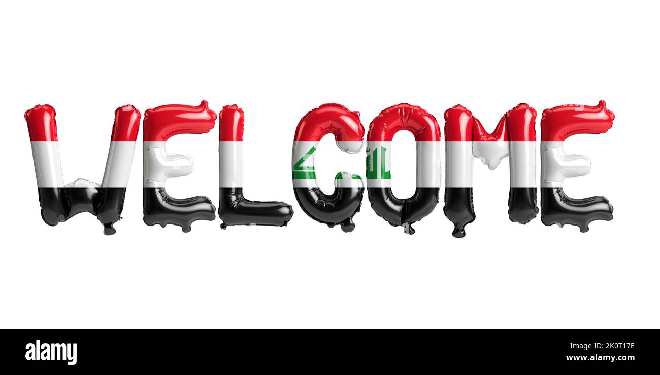 3d illustration of welcome-letter balloons in Iraq flag isolated on ...