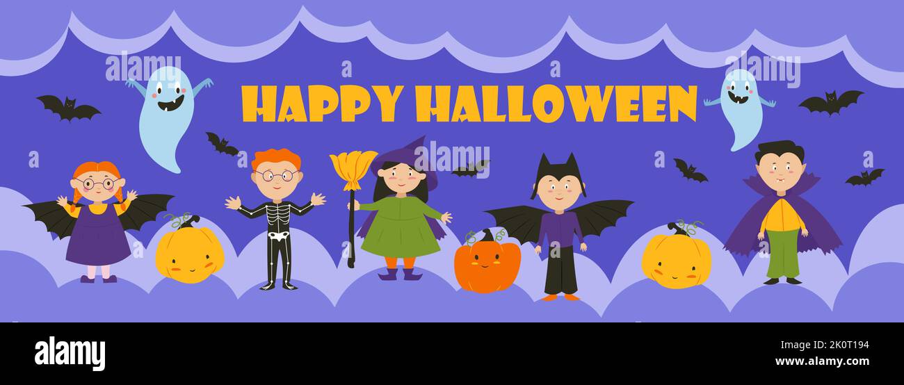 Children in costumes witches, vampire, death, ghosts, pumpkins and bats ...