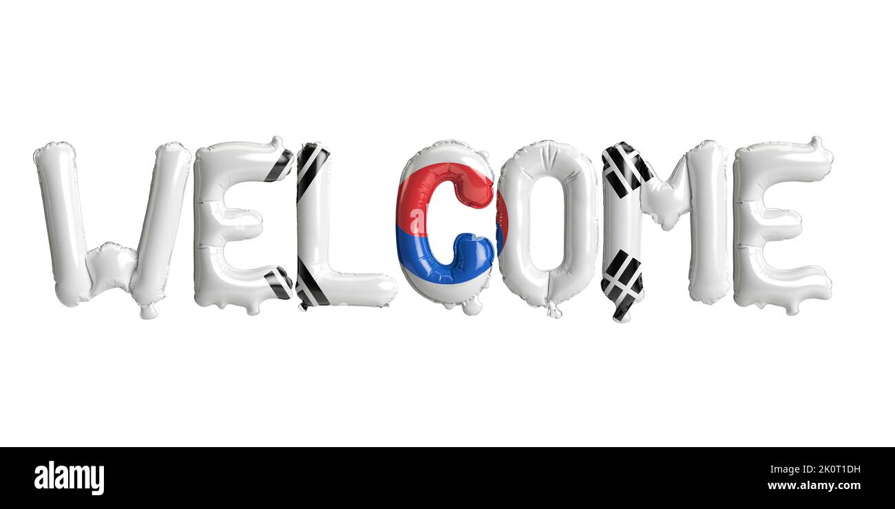 3d illustration of welcome-letter balloons in Korea flag isolated on ...