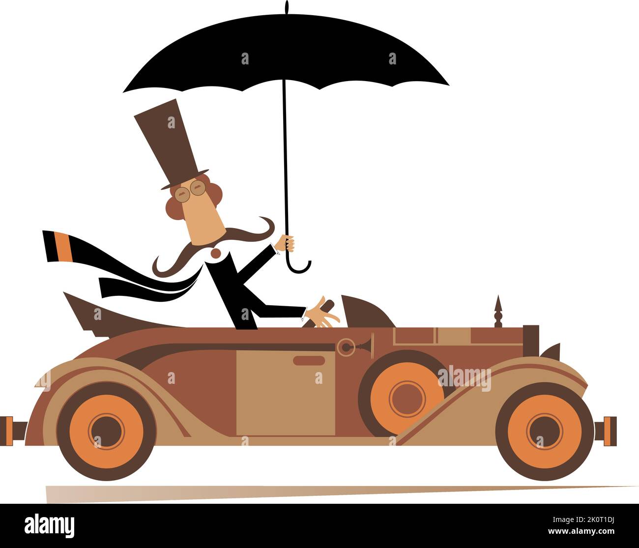 Cartoon man with umbrella drives a car illustration. Funny long ...