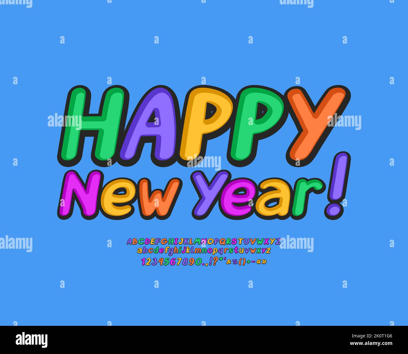 Greeting card Happy New Year with decorative multicolor text on blue ...