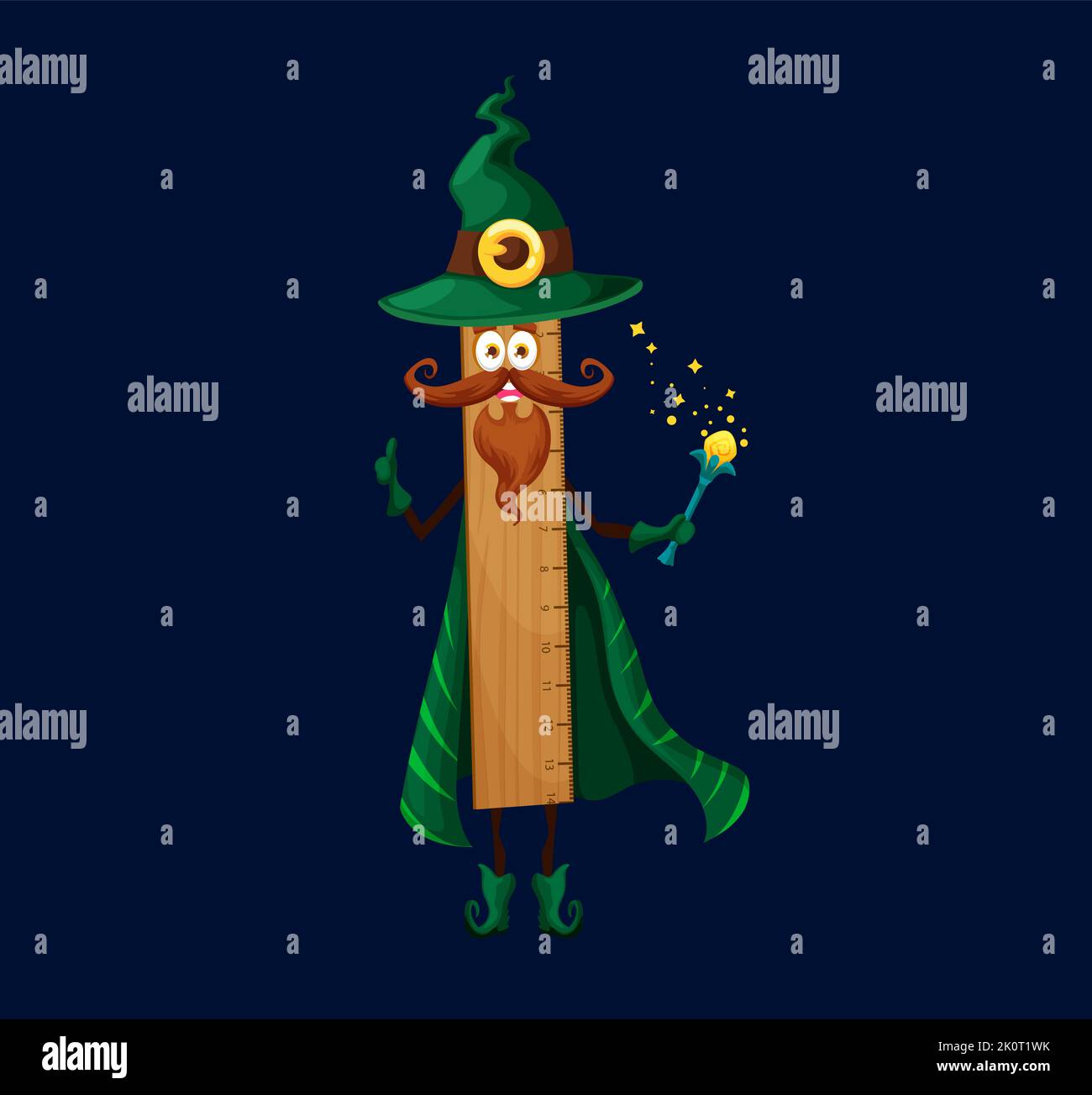 Cartoon school wooden ruler mage, wizard or warlock character. Isolated ...