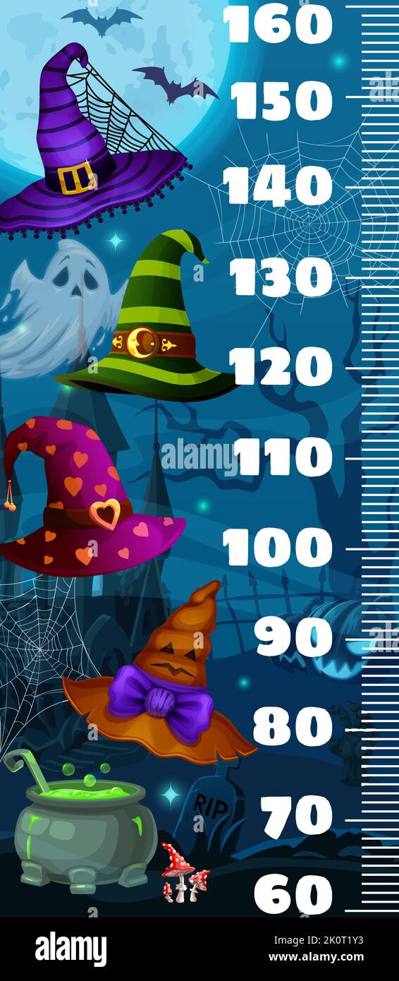 Kids height chart ruler. Halloween witch hats. Child growth centimeter ...
