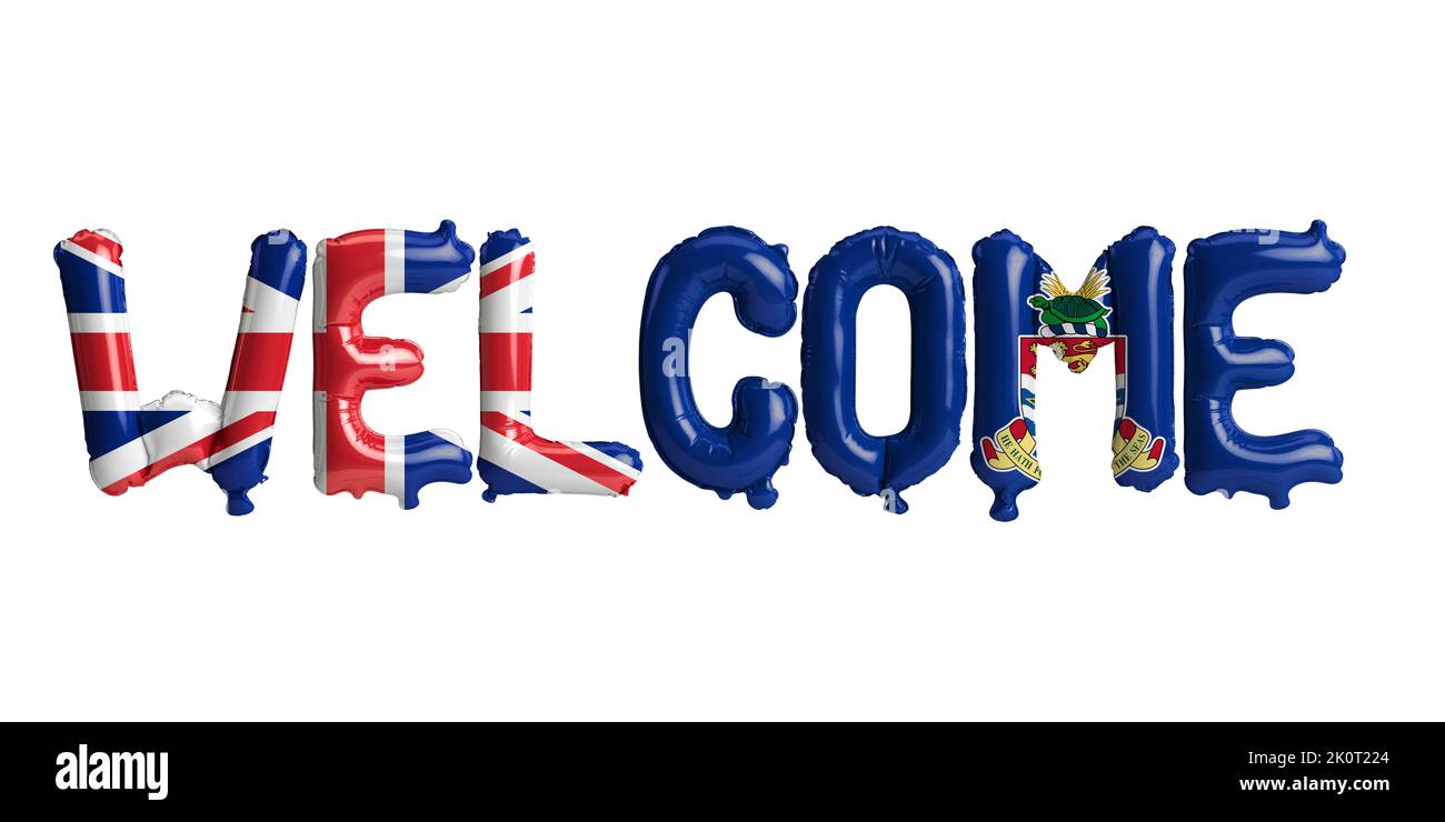 3d illustration of welcome-letter balloons in Cayman Islands flag ...